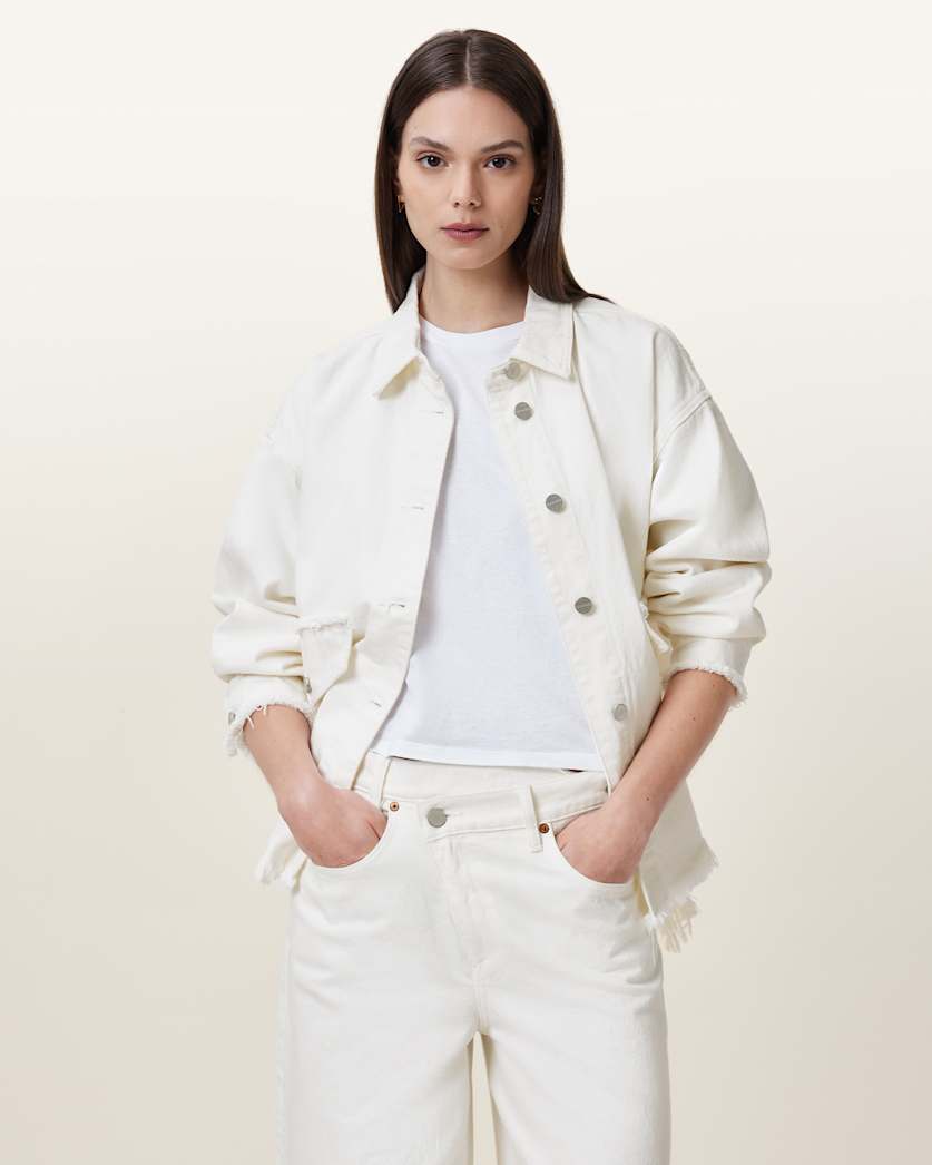 Hettie Frayed Oversized Cotton Shacket Off White | ALLSAINTS